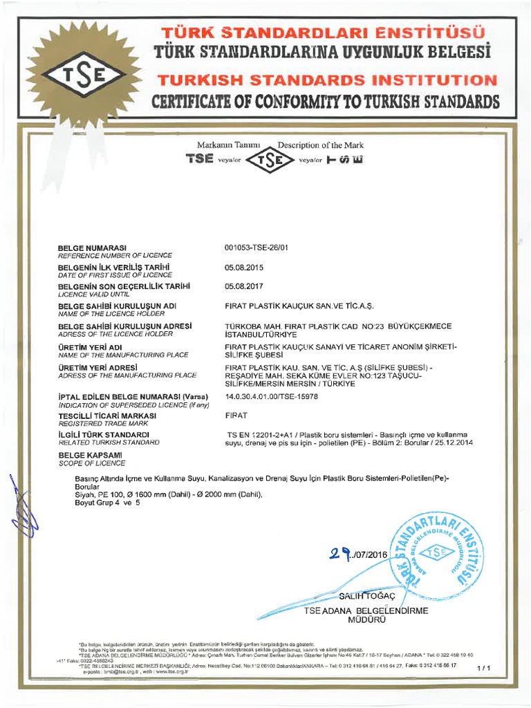 Tse 12201 2 Pe Pressurized Drinking and Service Water Pipe Certificate ...