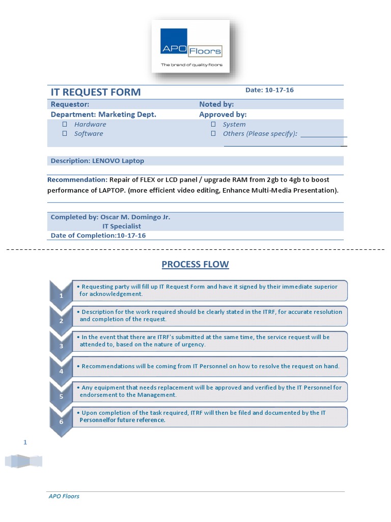 It Request Form: Requestor: Noted By: Department: Marketing Dept. Approved by | PDF