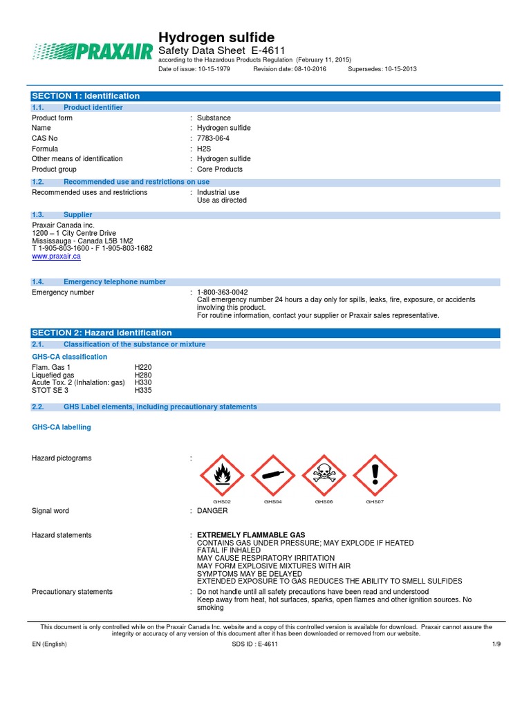 Hydrogen Sulfide: Safety Data Sheet E-4611 | PDF | Firefighting | Fires