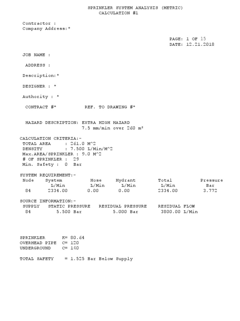 Extra High Hazard Sample Hydraulic Calculations | PDF | Fire Sprinkler ...