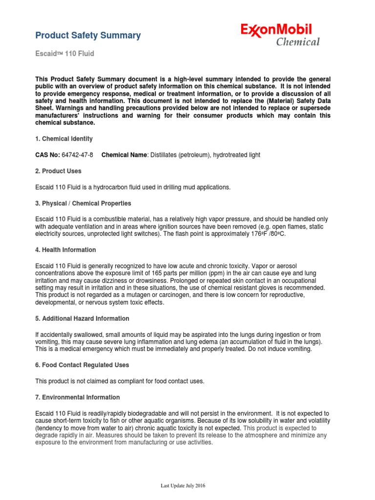 Escaid 110 Fluid Product Safety Summarypdf | PDF | Exxon Mobil | Toxicity