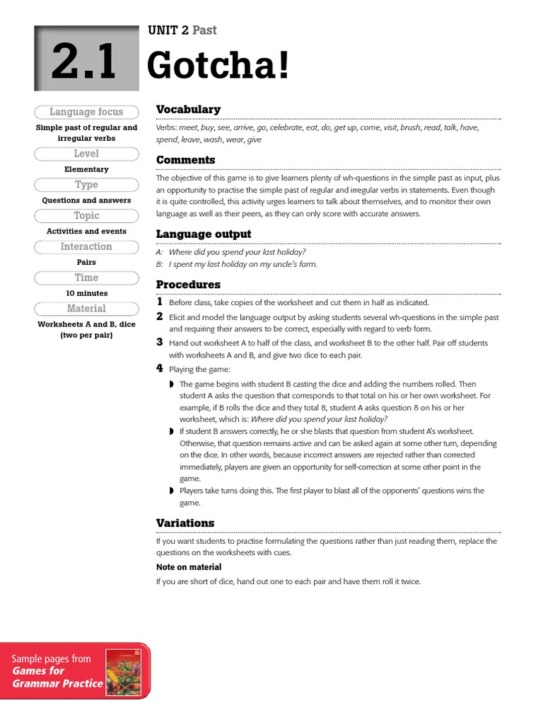 Gotcha! Game To Practice The Simple Past in English. | PDF | Question ...