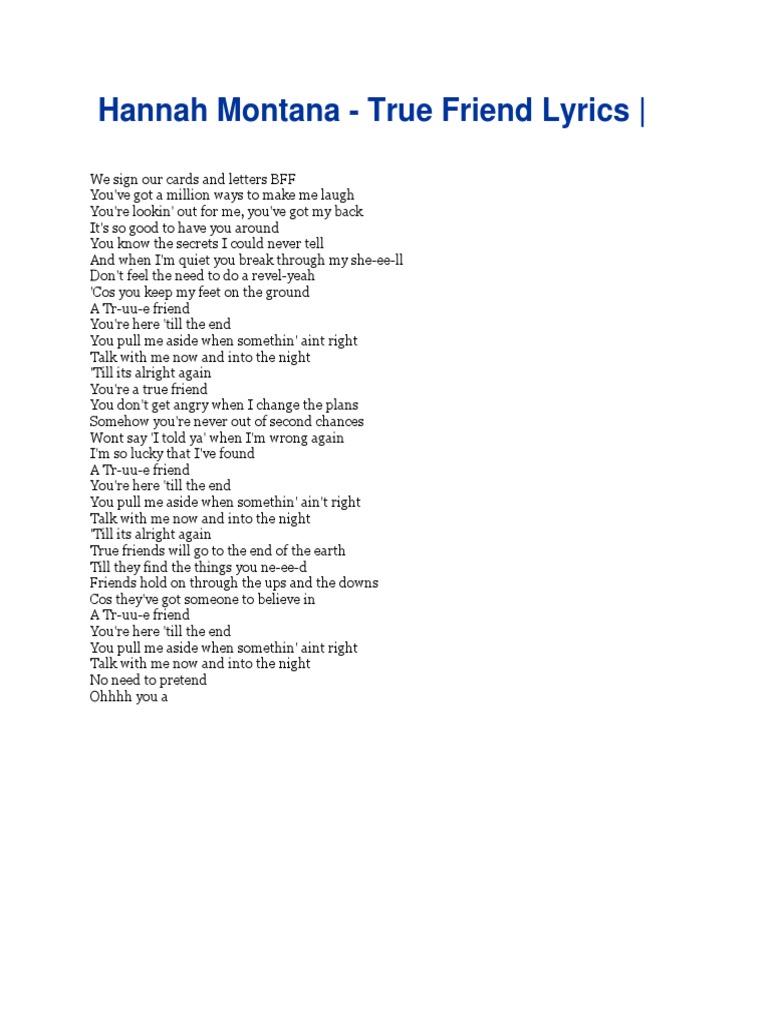 Hannah Montana - True Friend Lyrics | PDF