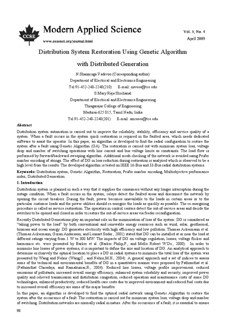 Distribution System Restoration Using Genetic Algorithm With Distributed Generation | PDF ...