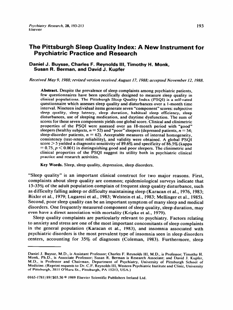 The Pittsburgh Sleep Quality Index: A New Instrument For Psychiatric ...