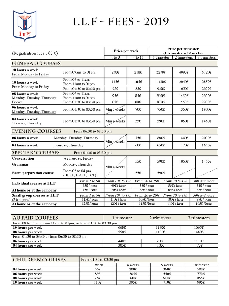 Price List for French Language Courses Offered by Hours Per Week and ...