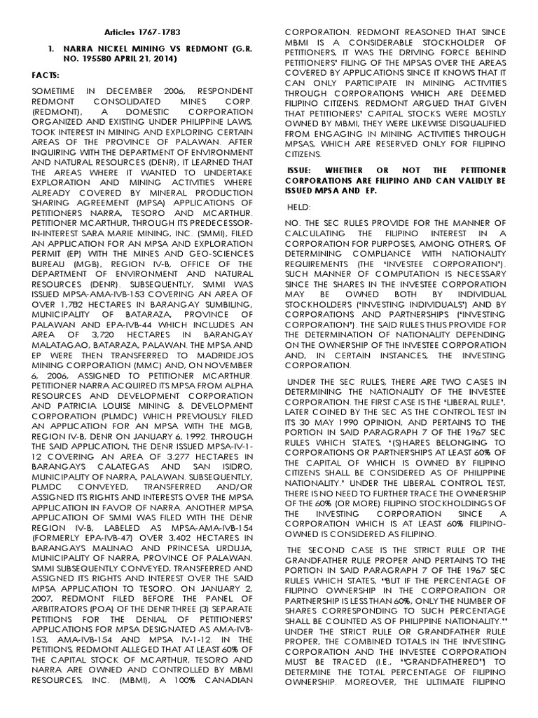 Articles 1767-1783 1. Narra Nickel Mining Vs Redmont (G.R. NO. 195580 ...