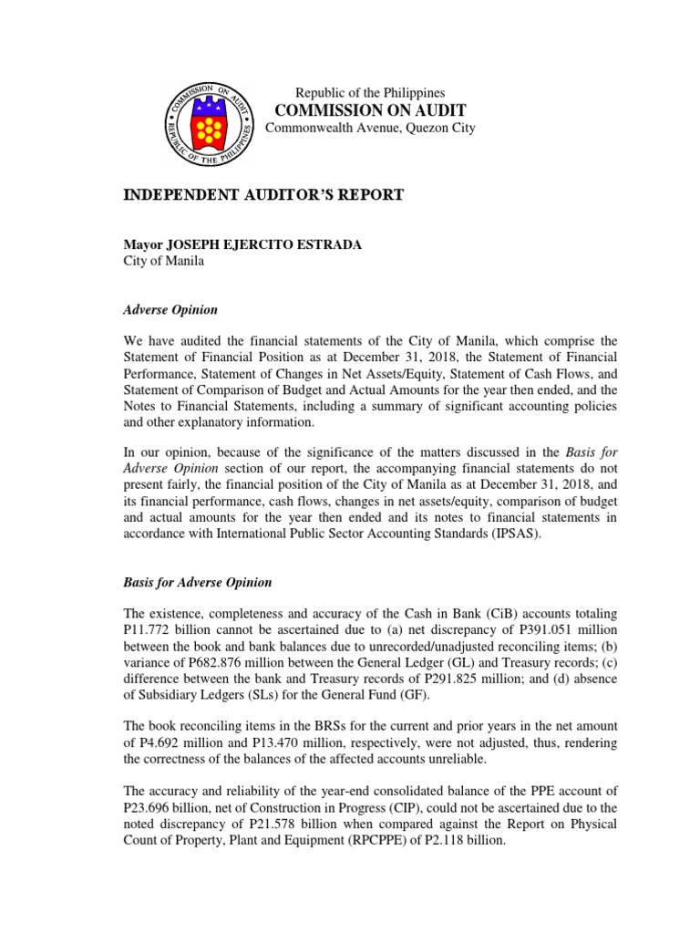 COA issues adverse opinion on Manila's 2018 financial statements | PDF ...