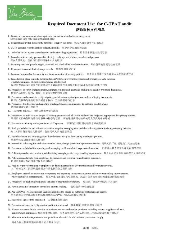 Document List For C-TPAT Audit | PDF | Computer Security | Security