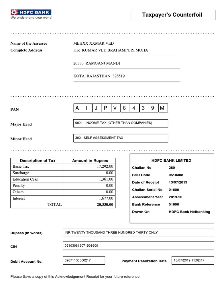 A I J P V 6 4 3 9 M: Taxpayer's Counterfoil | PDF