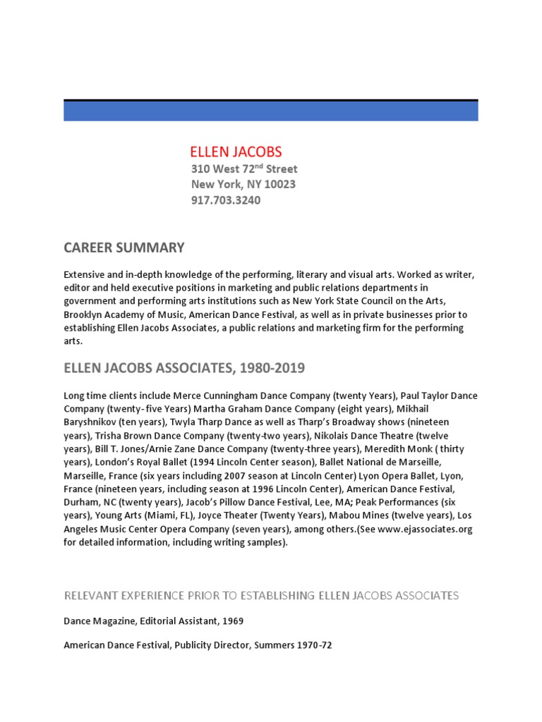 ELLEN JACOBS CV July 2019 PDF | PDF | Dances | Concert Dance