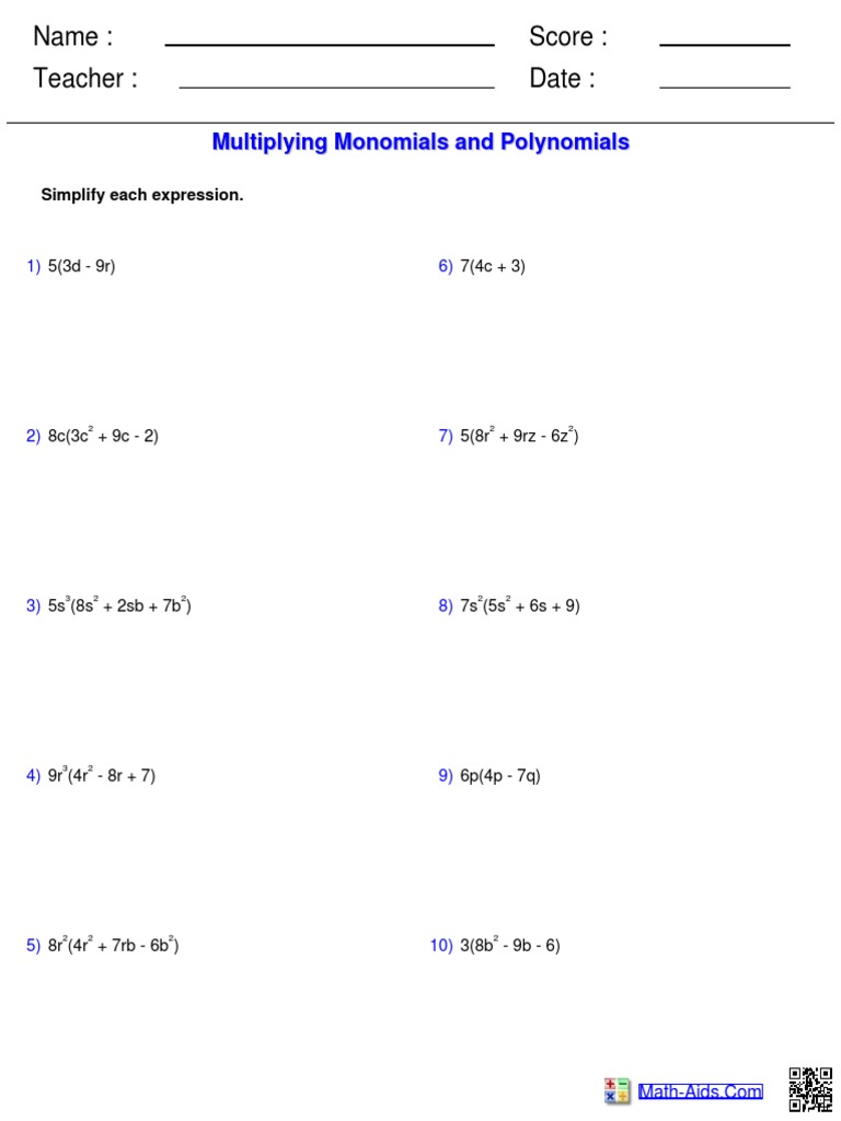 Multiply Monomials & Polynomials Worksheet | PDF | Algebra | Numerical ...