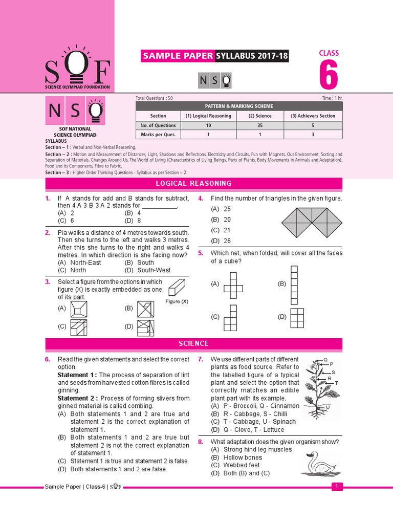 Class 6 NSO Sample Paper (2017-18) | PDF | Celsius | Freezing