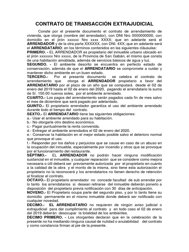 Contrato de TRANSACCION EXTRAJUDICIAL | PDF | Alquiler | Gobierno