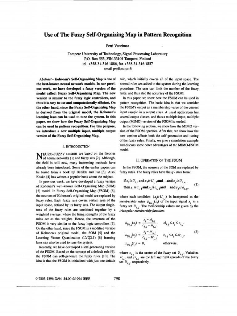 Use Of The Fuzzy Self Organizing Map In Pattern Recognition Pdf Fuzzy Logic Cybernetics