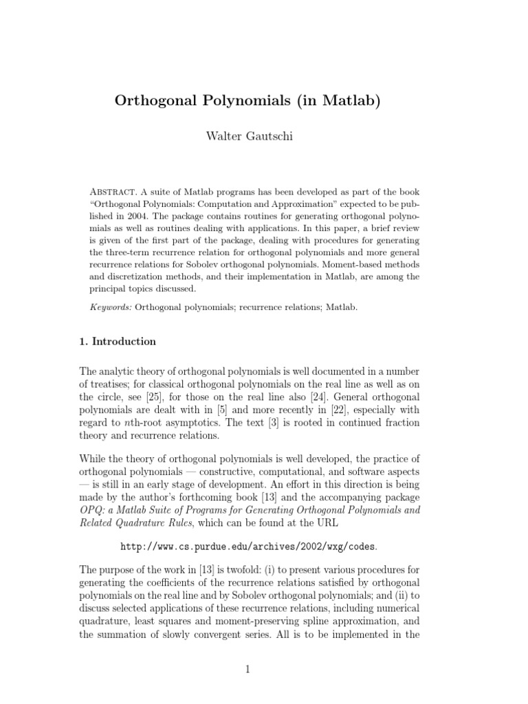 Orthogonal Polynomials (In Matlab) : Walter Gautschi | PDF | Recurrence Relation | Factorization