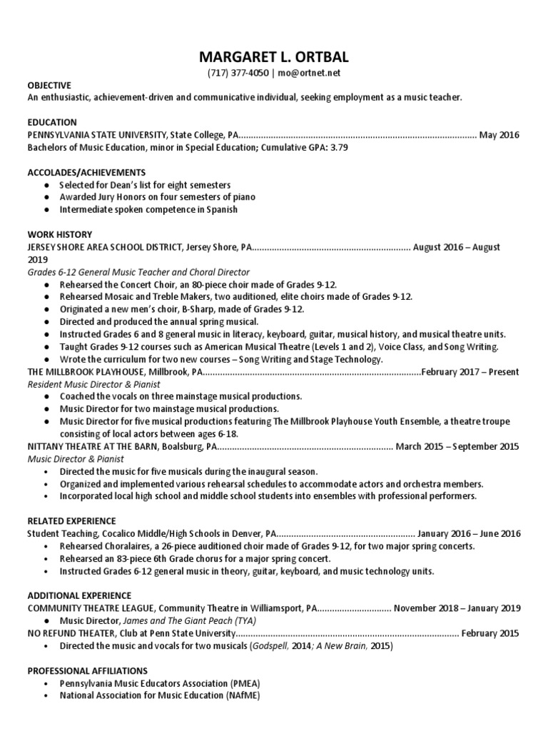 Resume Music Teacher | PDF | Choir | Music Education