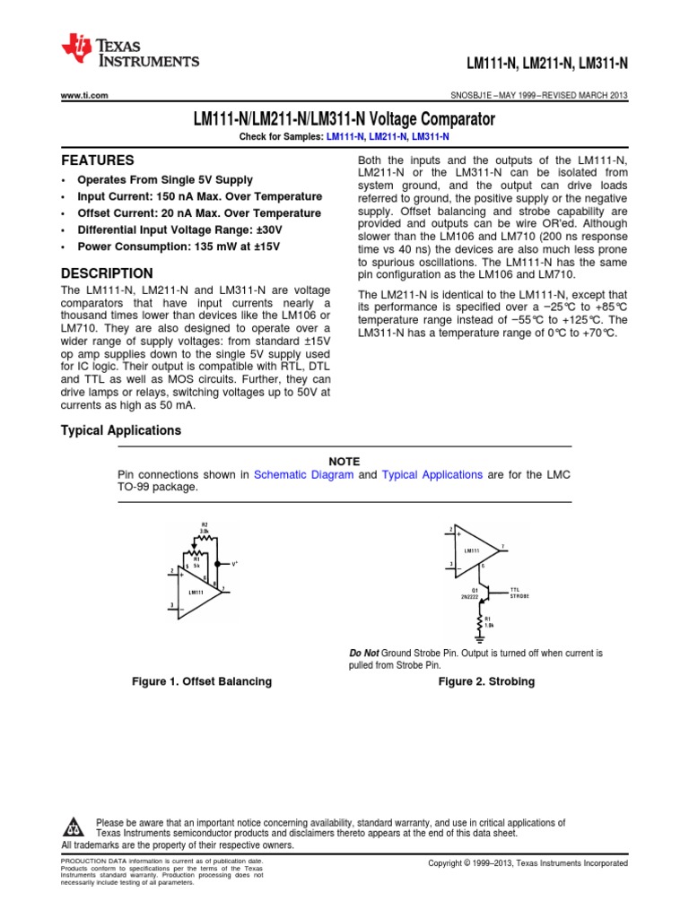 LM111-N/LM211-N/LM311-N Voltage Comparator: Features | PDF | Capacitor | Electronic Circuits