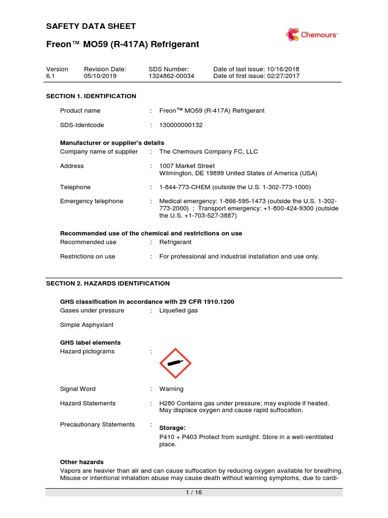 Freon ™ MO59 (R-417A) Refrigerant: Safety Data Sheet | PDF | Toxicity | Dangerous Goods