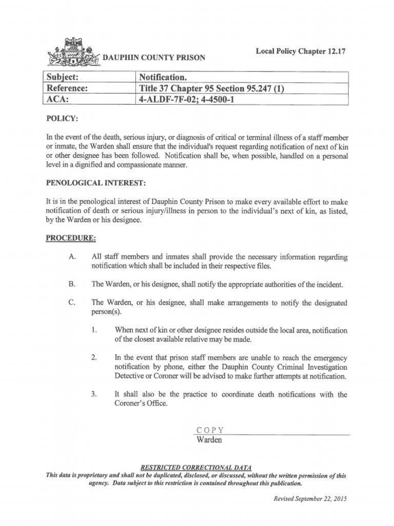 Prison Next of Kin Notification Policy | PDF