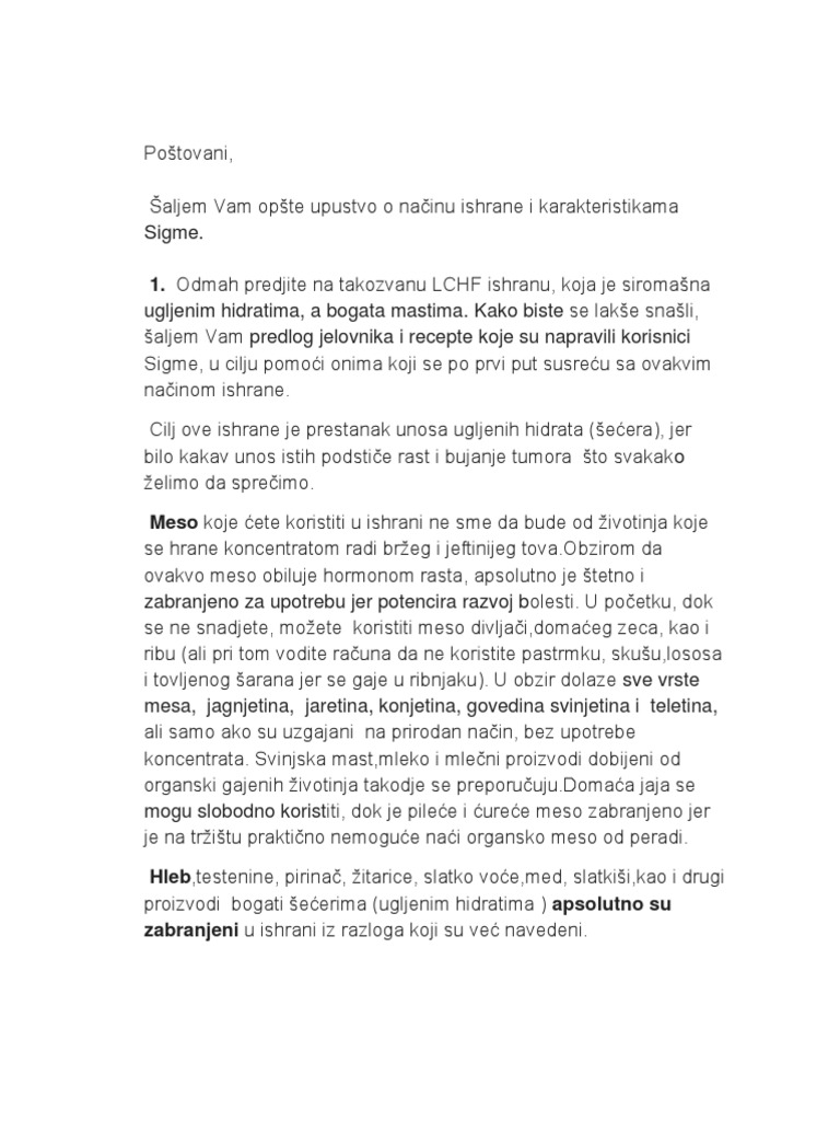 SIGMA - Upustvo o Ishrani I Karakteristikama Sigme, PREDLOG JELOVNIKA ...
