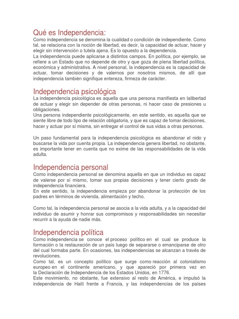 Definición y Tipos de Independencia | PDF | Libertad | Declaración de ...