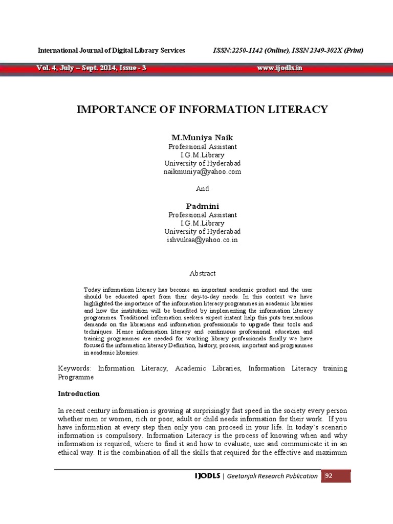 Importance of Information Literacy: M.Muniya Naik | PDF | Information ...