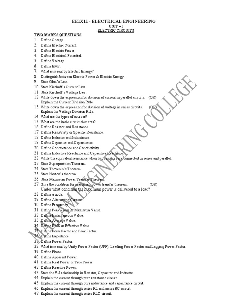 Electrical Engineering Questions | PDF | Series And Parallel Circuits ...