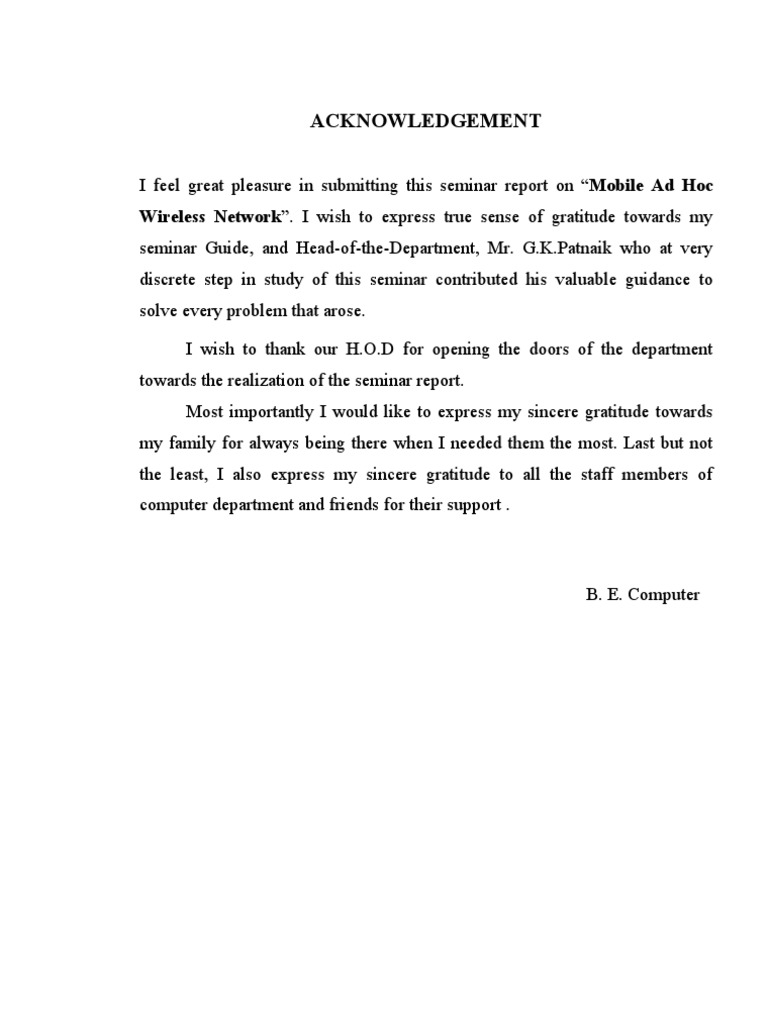Acknowledgement: Wireless Network". I Wish To Express True Sense of ...