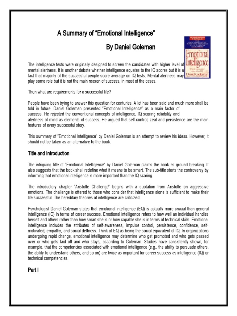 A Summary of "Emotional Intelligence" by Daniel Goleman: Title and ...