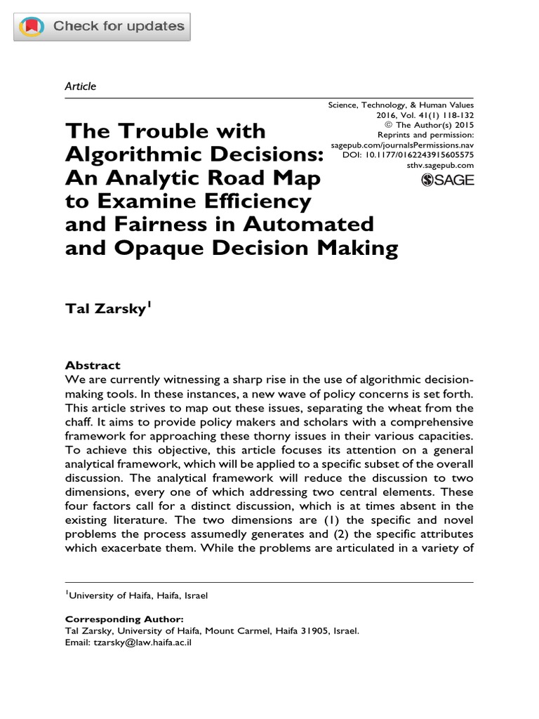 The Trouble With Algorithmic Decisions: An Analytic Road Map To Examine Efficiency and Fairness ...