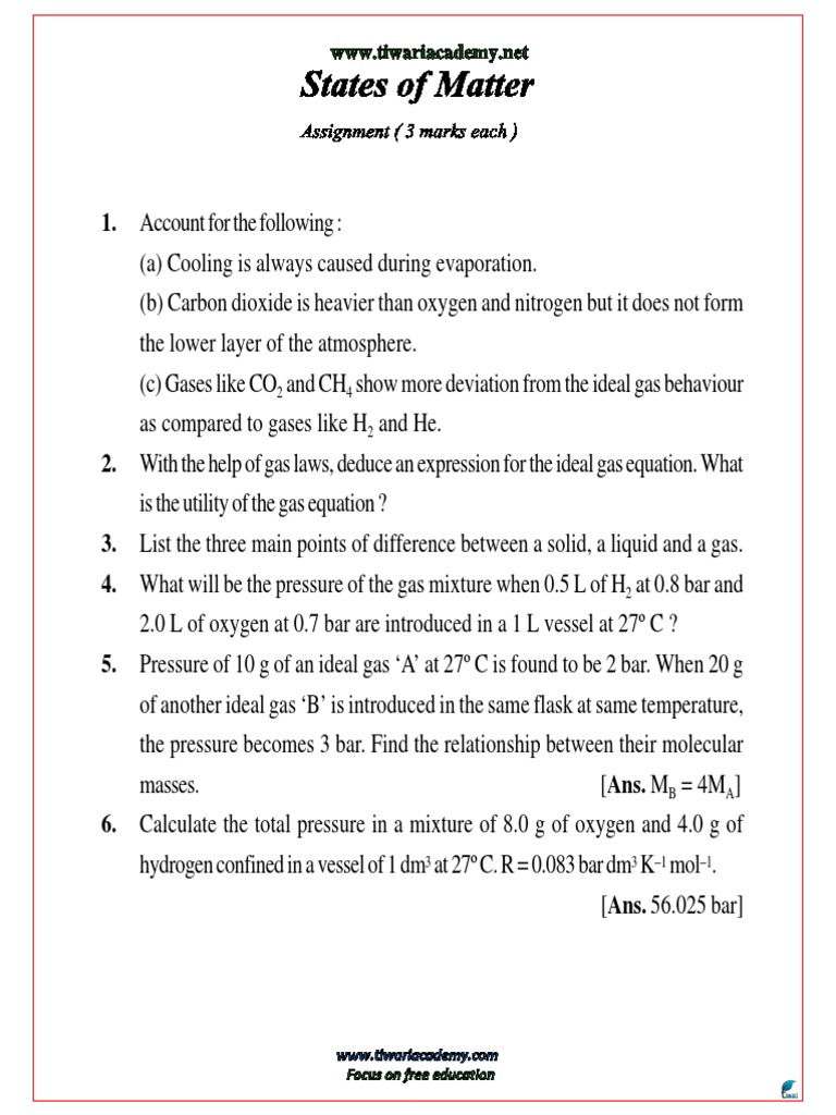 States of Matter: Assignment (3 Marks Each) | PDF | Gases | Oxygen