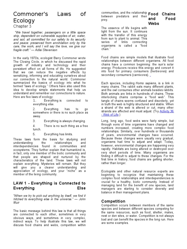 Commoner's Four Laws of Ecology | PDF | Ecology | Predation
