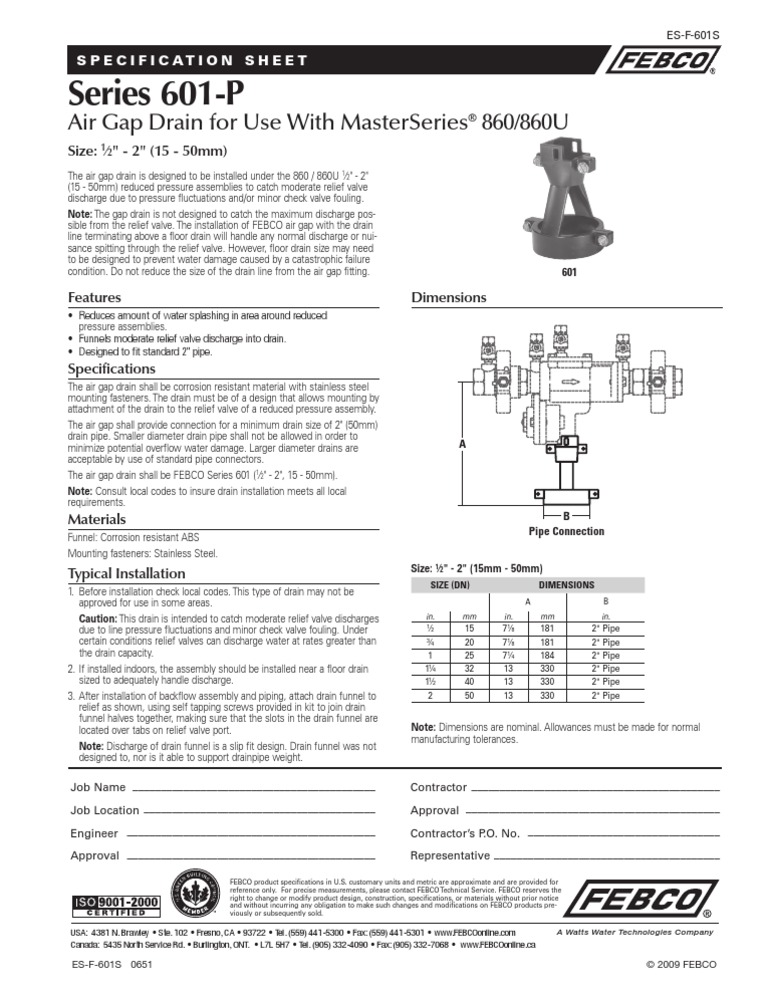 Series 601-P Specification Sheet | PDF | Pipe (Fluid Conveyance) | Valve