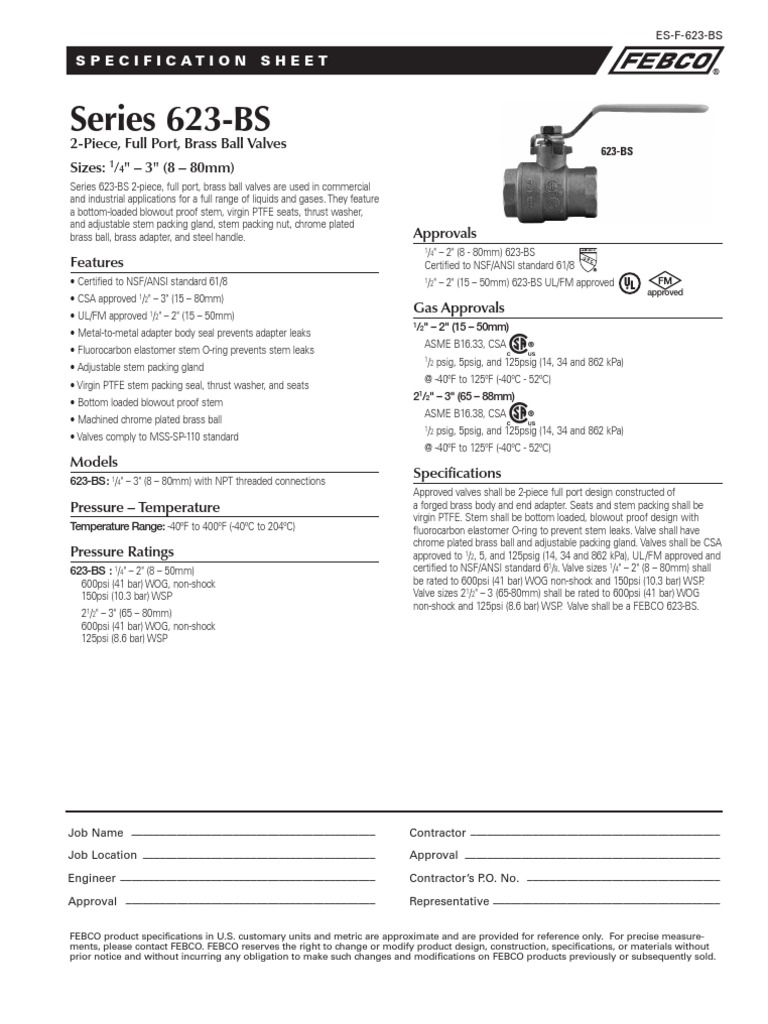 Series 623-BS Specification Sheet | PDF | Valve | Mechanical Engineering