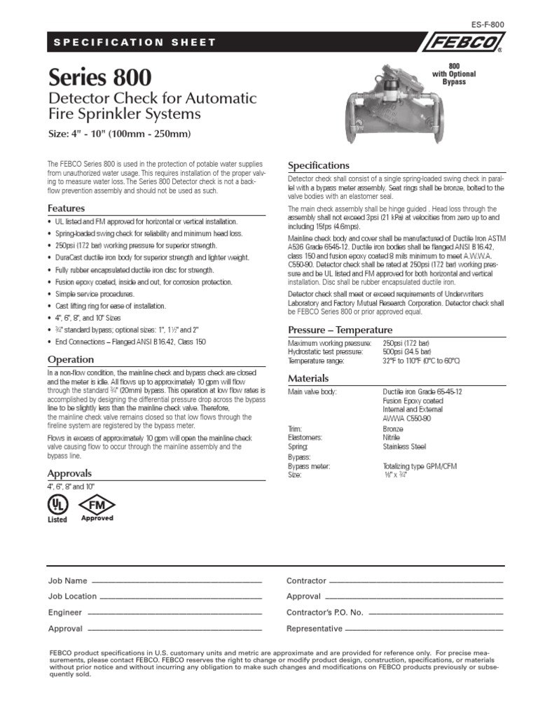 Series 800 Specification Sheet | PDF | Valve | Building Engineering