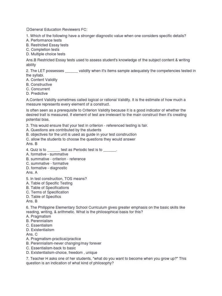 General Education Reviewers: Test Validity & Philosophy | PDF ...