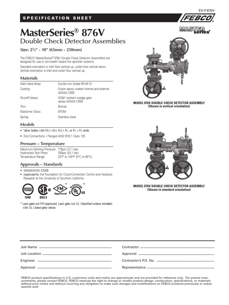 MasterSeries 876V Specification Sheet | PDF | Screw | Valve