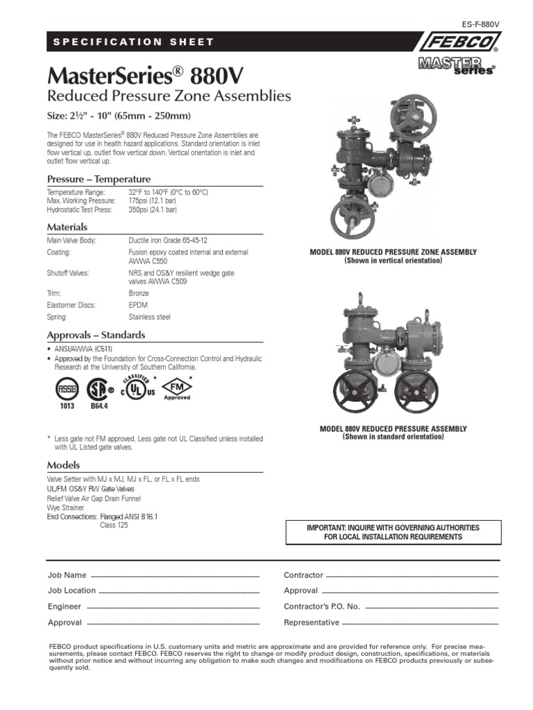 MasterSeries 880V Specification Sheet | PDF | Valve | Screw