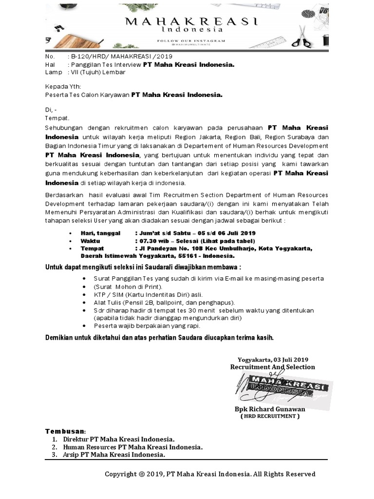 Undangan Interview PT Maha Kreasi Indonesia - Yogyakarta | PDF