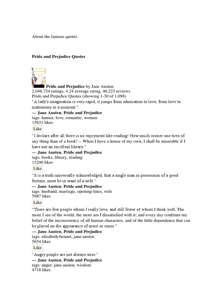Pride and Prejudice Famous Quotes | PDF | Pride And Prejudice | Jane Austen
