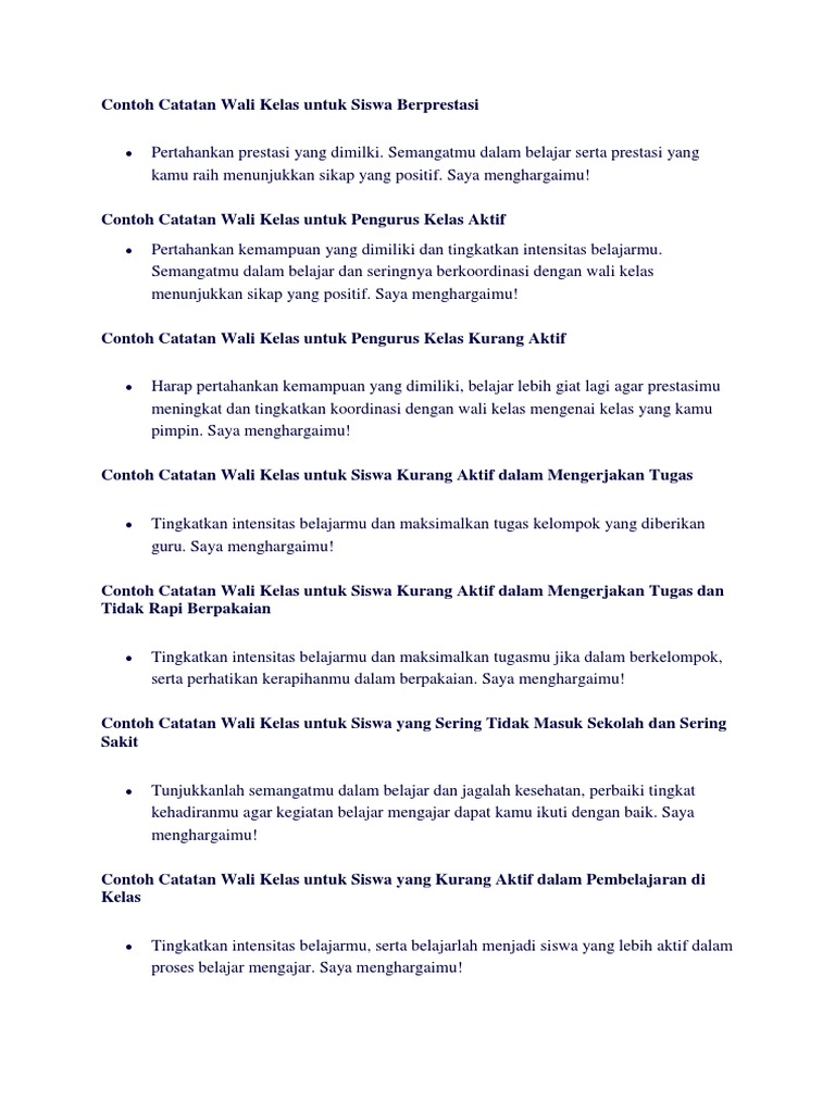 Contoh Catatan Wali Kelas Untuk Siswa Terbaru 2023 - Riset