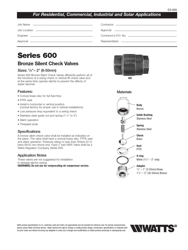Series 600 Specification Sheet | Download Free PDF | Valve | Bronze