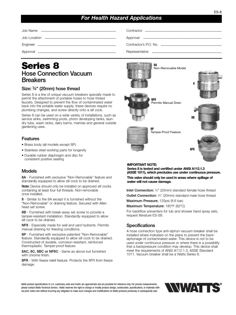 Series 8 Specification Sheet | PDF | Tap (Valve) | Pressure