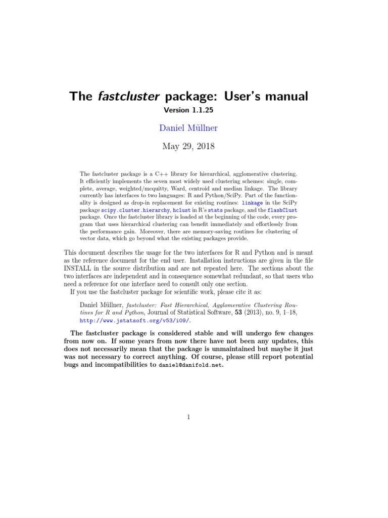 The Fastcluster Package: User's Manual: Daniel Müllner | PDF | Cluster Analysis | Mathematical ...
