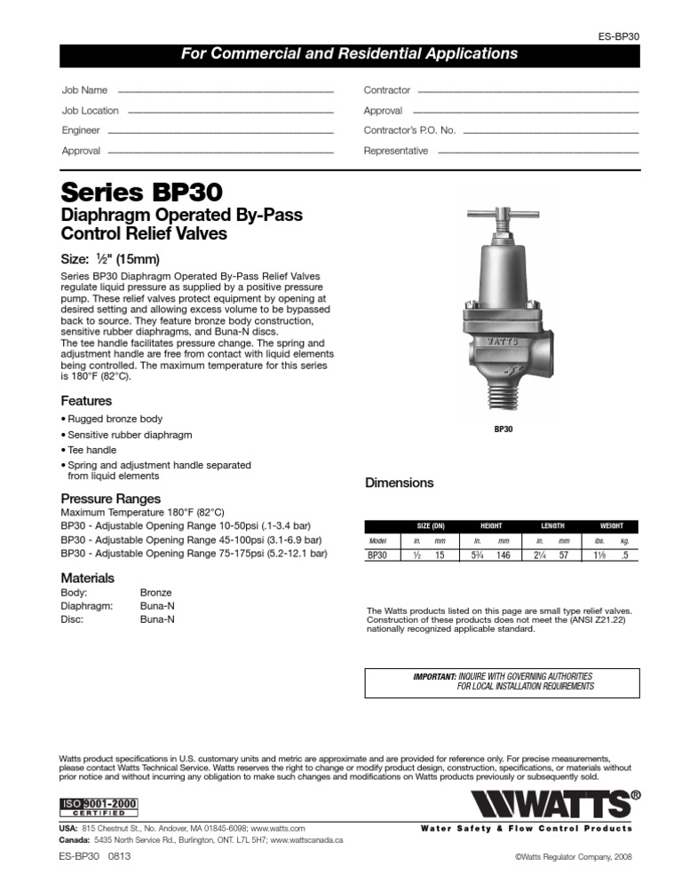 Series BP30 Specification Sheet | PDF | Valve | Pressure