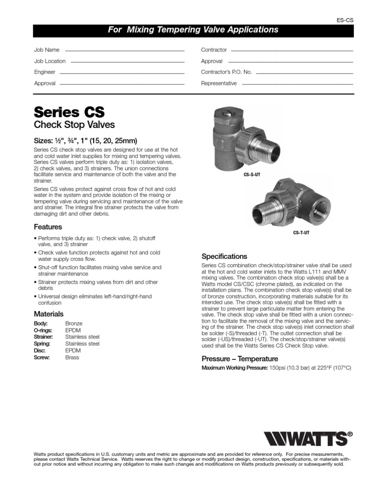 Series CS Specification Sheet | PDF | Valve | Mechanical Engineering
