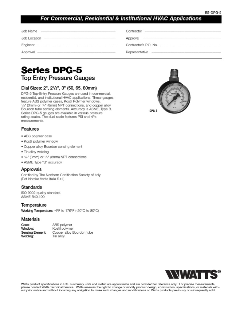 Series DPG-5 Specification Sheet | PDF | Pressure Measurement | Materials