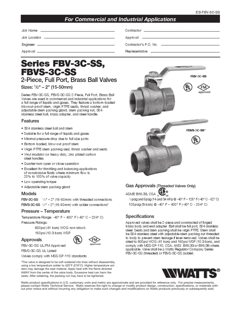 Series FBV-3C-SS, FBVS-3C-SS Specification Sheet | PDF | Valve | Building Engineering
