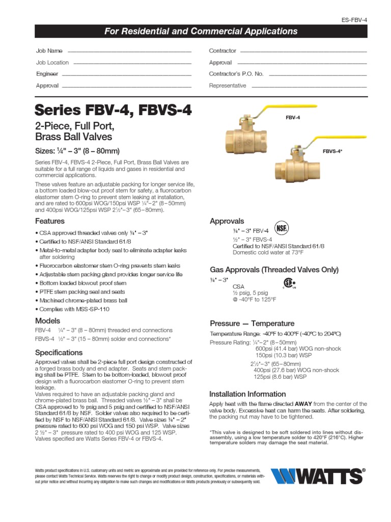 Series FBV-4, FBVS-4 Specification Sheet | PDF | Leak | Valve